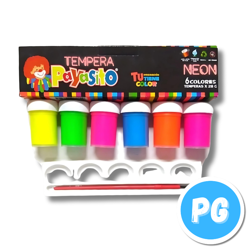 Caja Tempera Payasito Escolar X6 Colores Neon + Pincel + Paleta No Tox ...